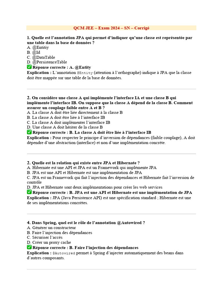 QCM JEE - Corrigé | PDF | Interface (Informatique) | Java (Langage de ...