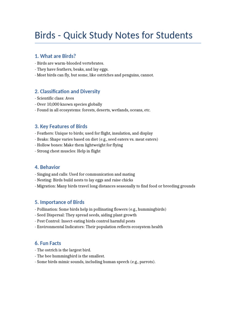 Quick Study Notes on Birds | PDF