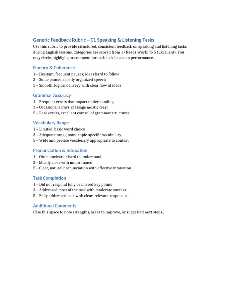 C1 Speaking & Listening Feedback Rubric | PDF
