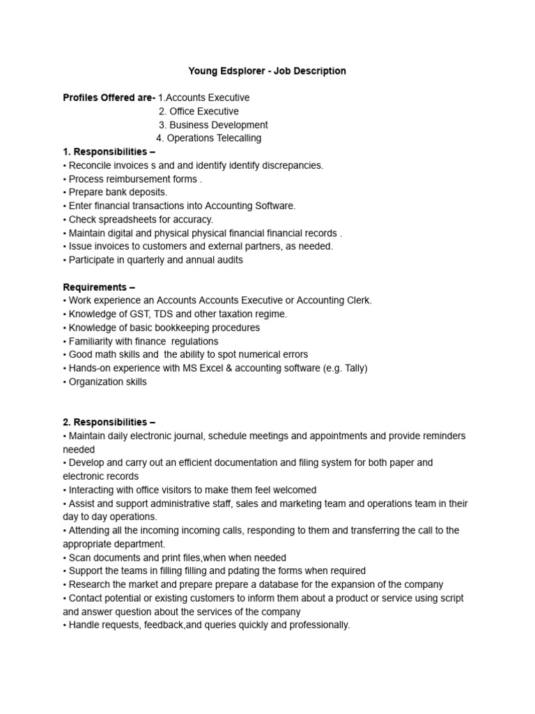 Young Edsplorer - Job Description | PDF | Sales | Bookkeeping