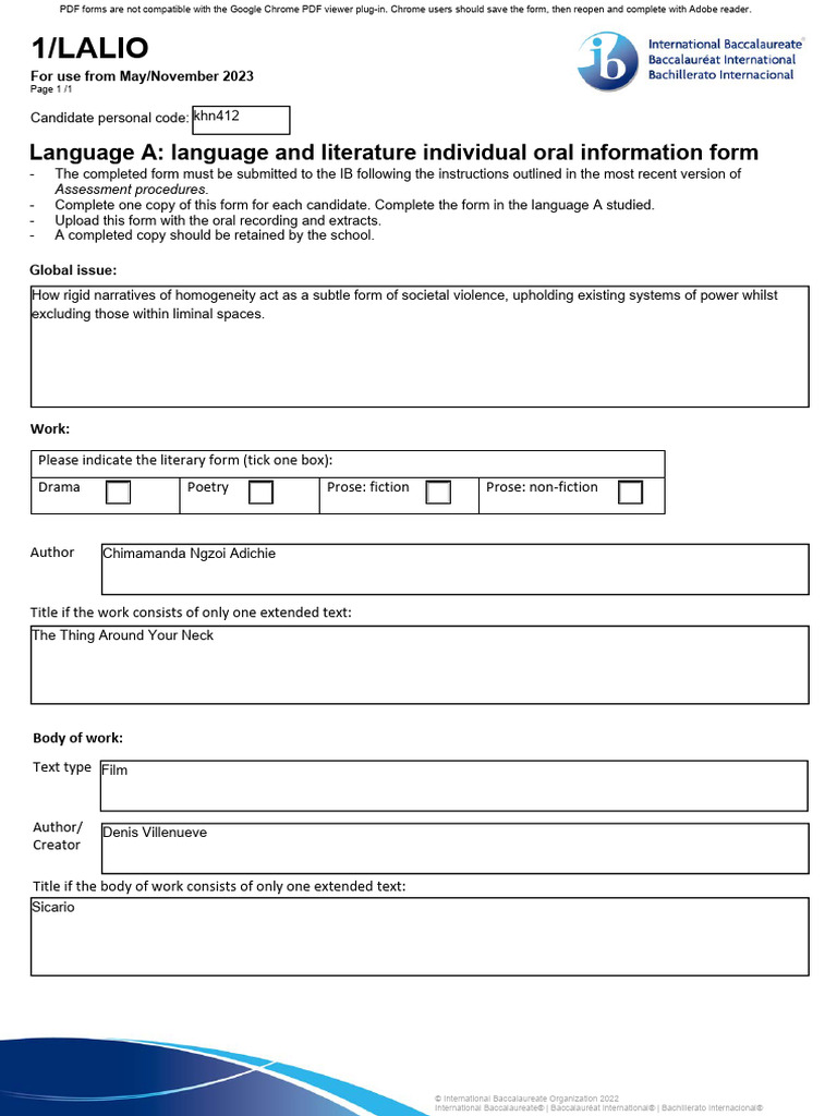 IB Language A Individual Oral Form | PDF