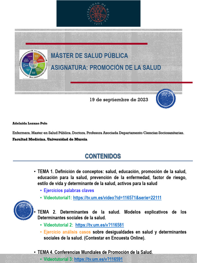 Master SP - Promoción Salud - Tema 1 y 2 - 19.09.23 | PDF | Asistencia ...