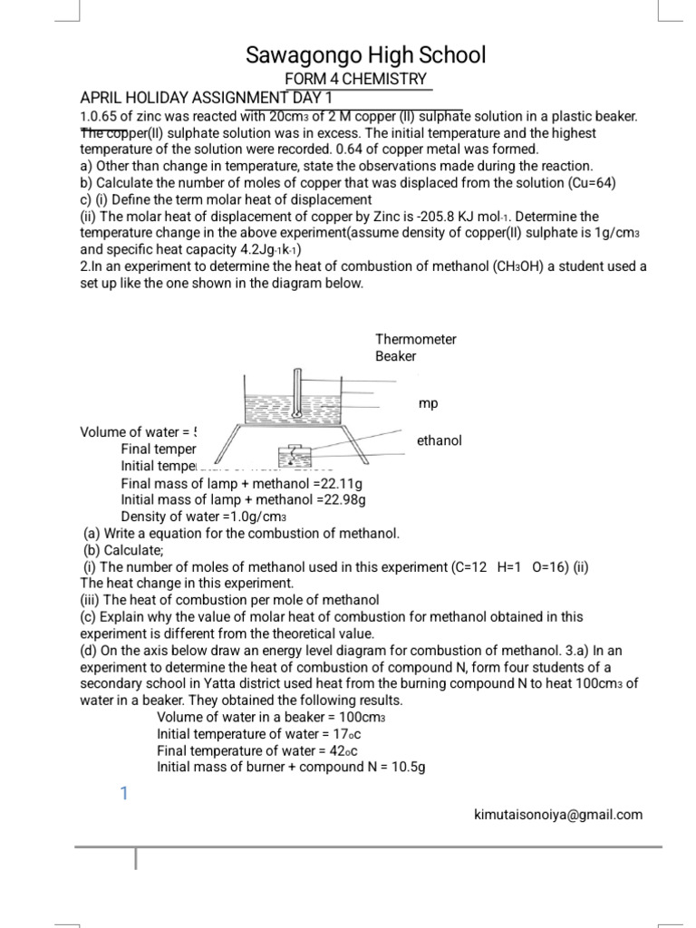 Chem Form 4 Holiday Assignment | PDF | Chemistry | Titration