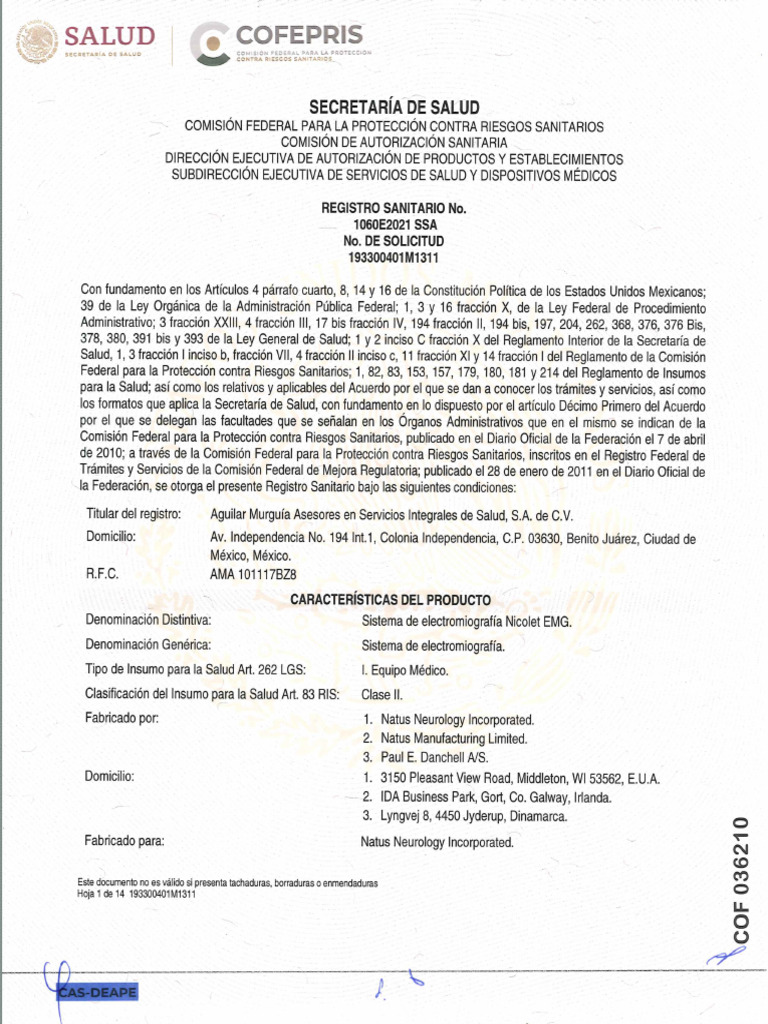 Registro Sanitario EMG EDX VKQ UPS100 050726 VIG | PDF