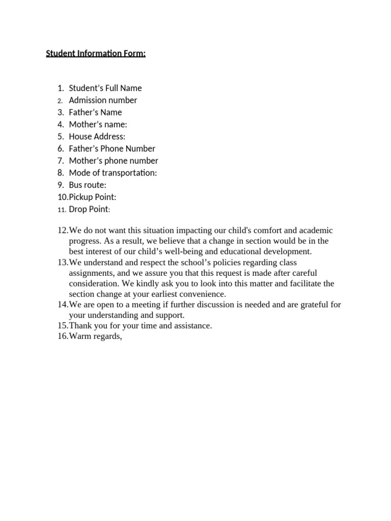 Student Information Form | PDF