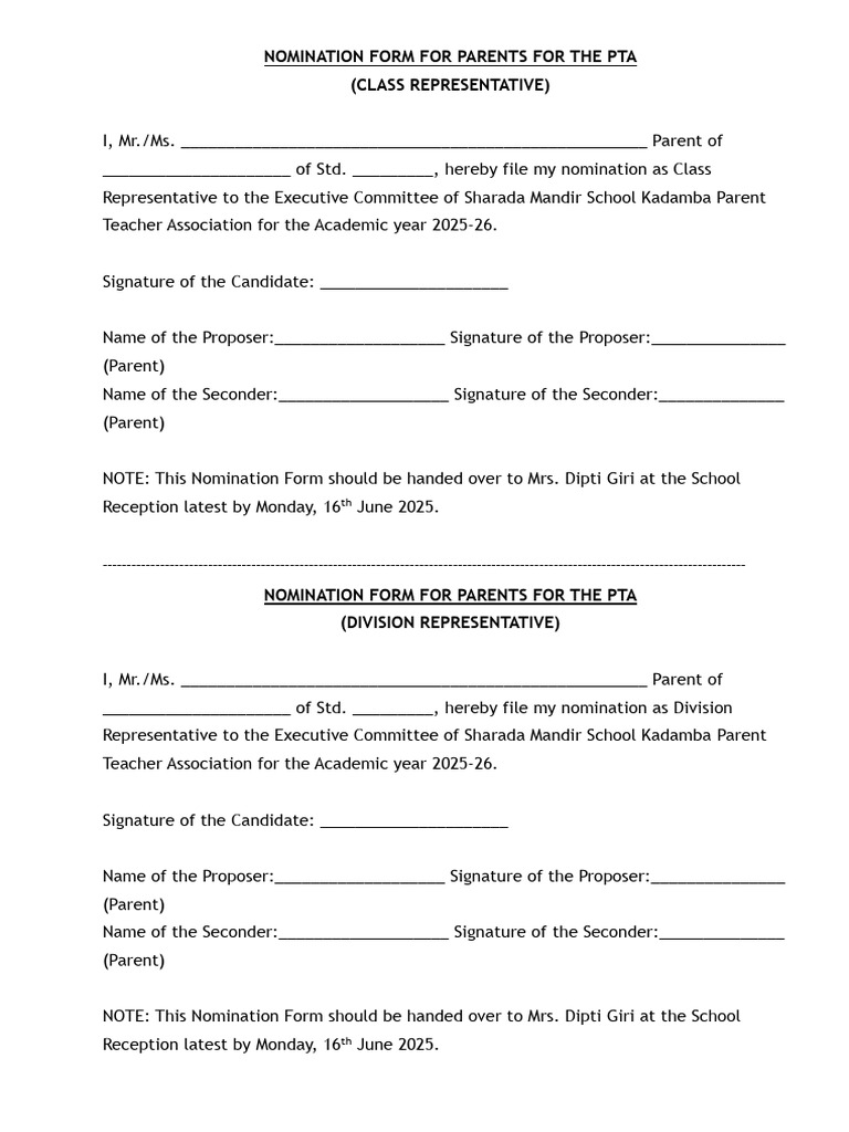 PTA Nomination Form for Parents | PDF
