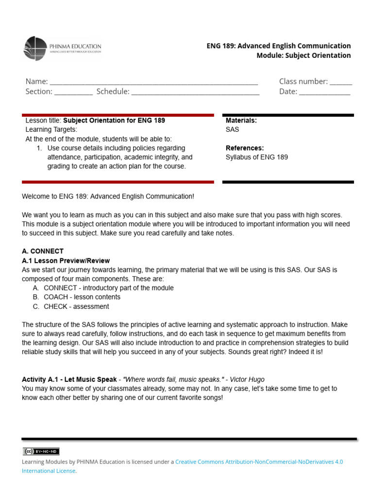 ENG 189 - Subject Orientation (12425) | PDF | Quiz | Reading Comprehension