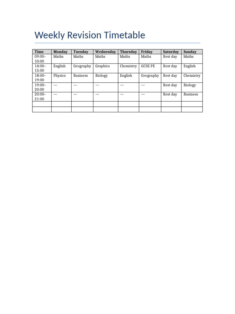Updated Weekly Revision Timetable With Times | PDF