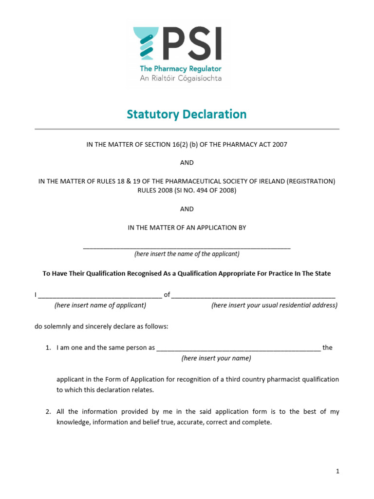 Pharmacist Statutory Declaration Form | PDF | Notary Public | Justice