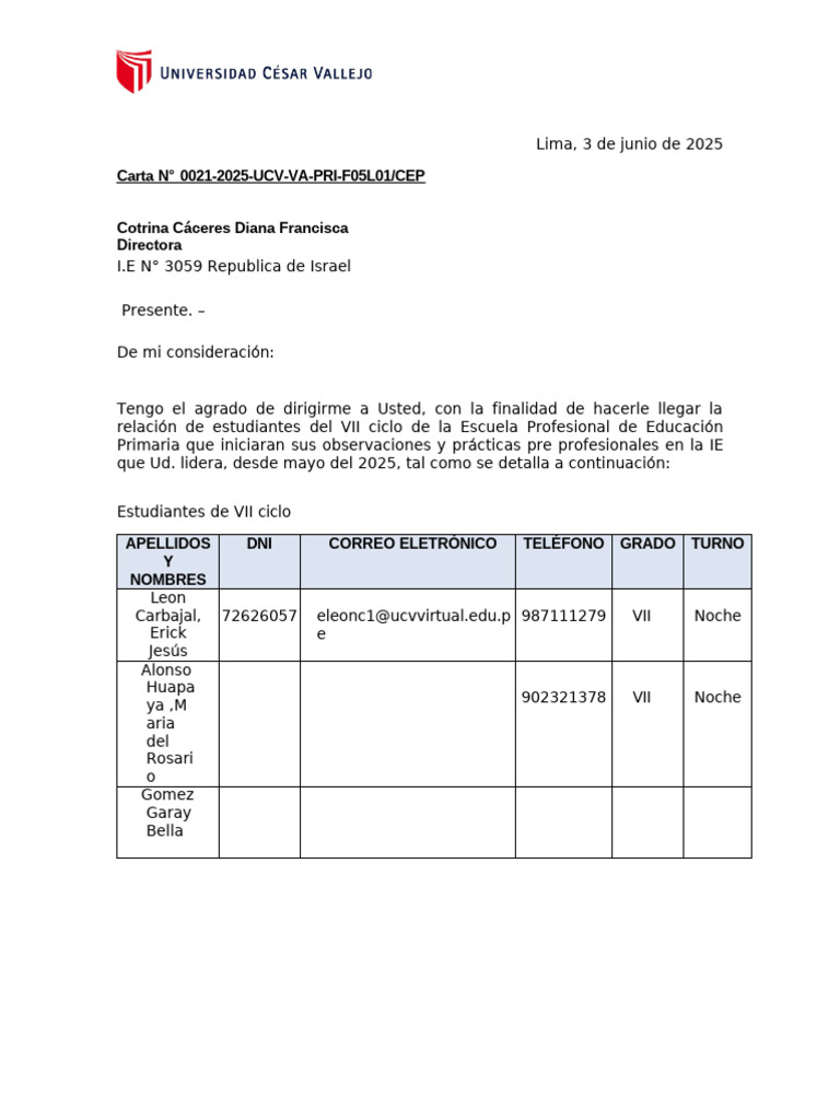 Carta #0020-2025-UCV-VA-PRI-F05L01-CEP | PDF | Aprendizaje | Maestros