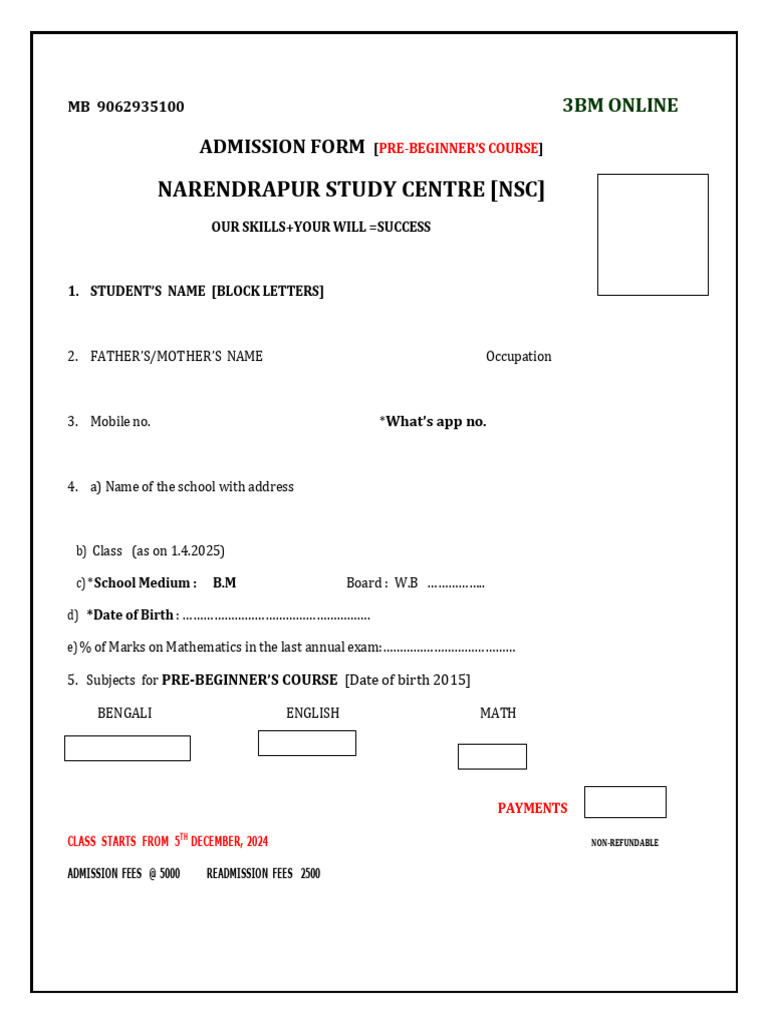 Admission Form NSC Pre-Beginners 25 BM Online | PDF