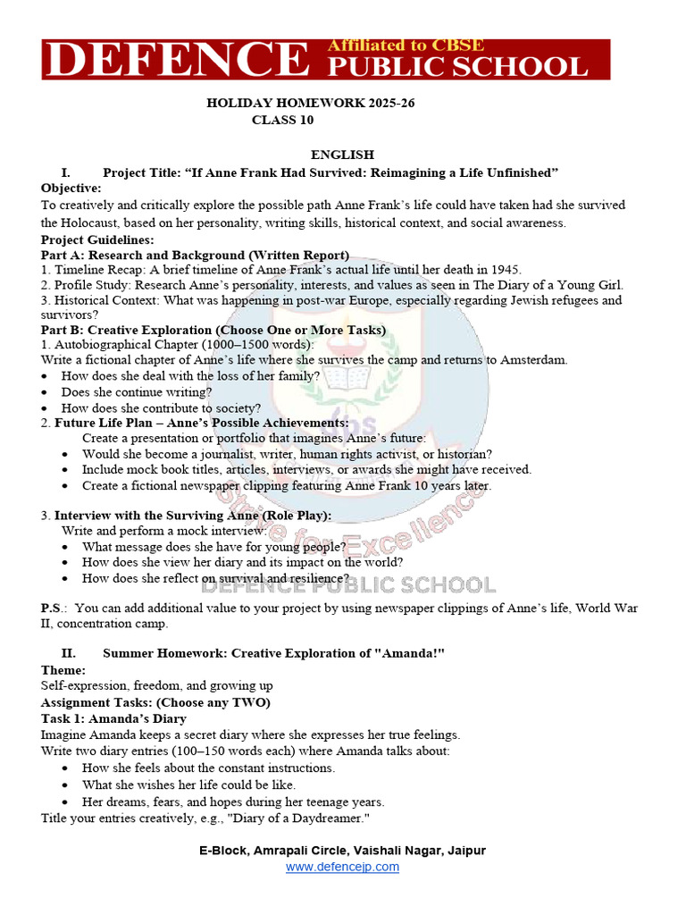 Class XTH Holiday Homework 2025-26-1 | PDF | Magnesium | Sodium