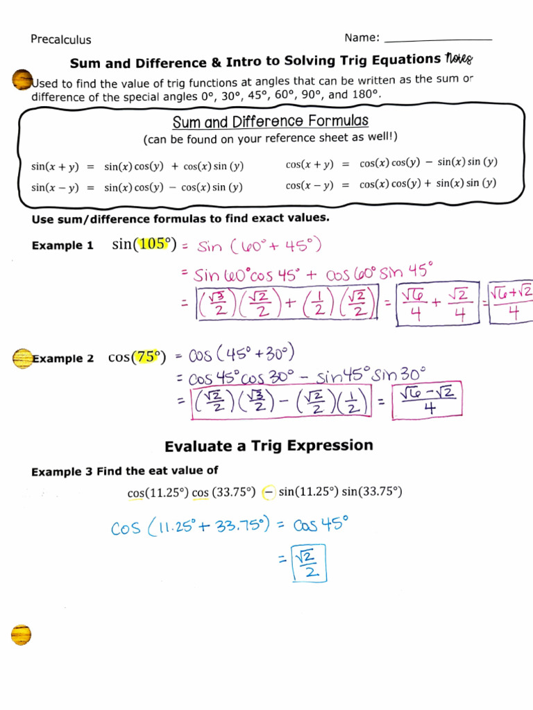 Day 5 Sum and Difference Notes KEY | PDF | Trigonometric Functions ...