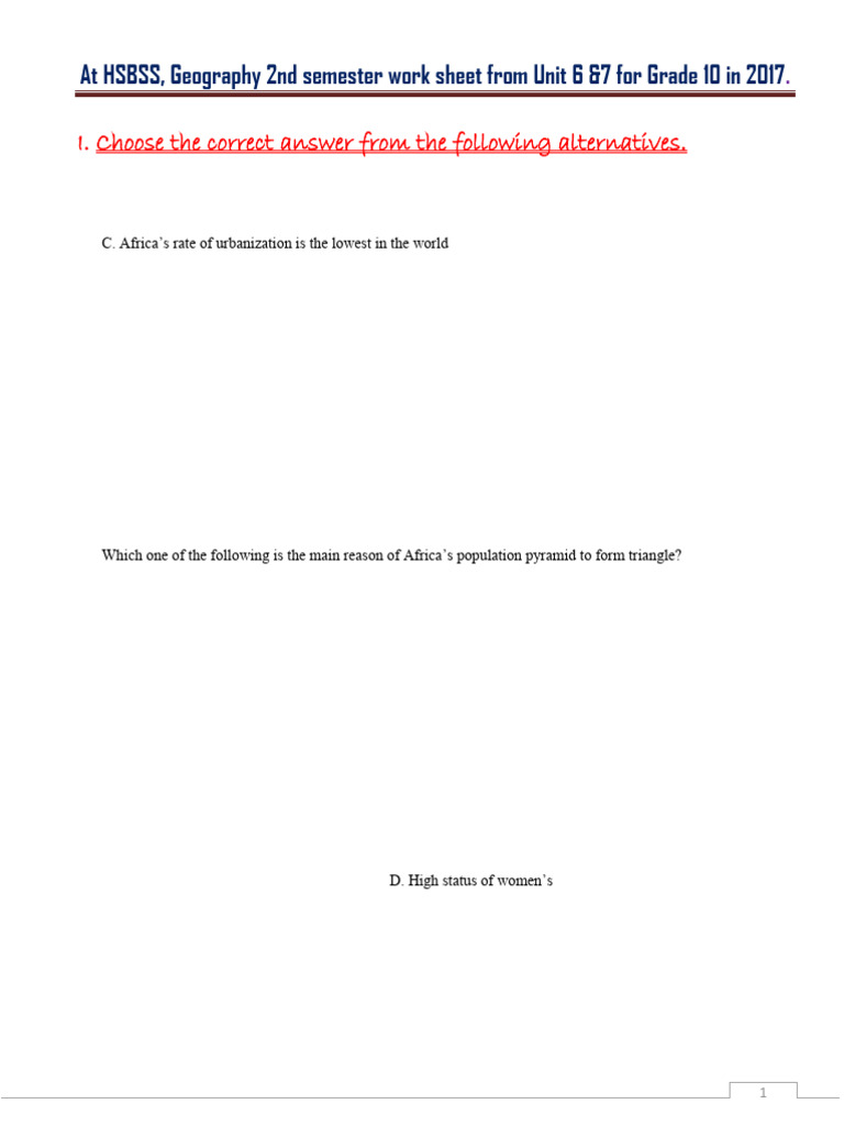 Grade 10 Geography Worksheet Units 6 & 7 | PDF | Urbanization | Human ...