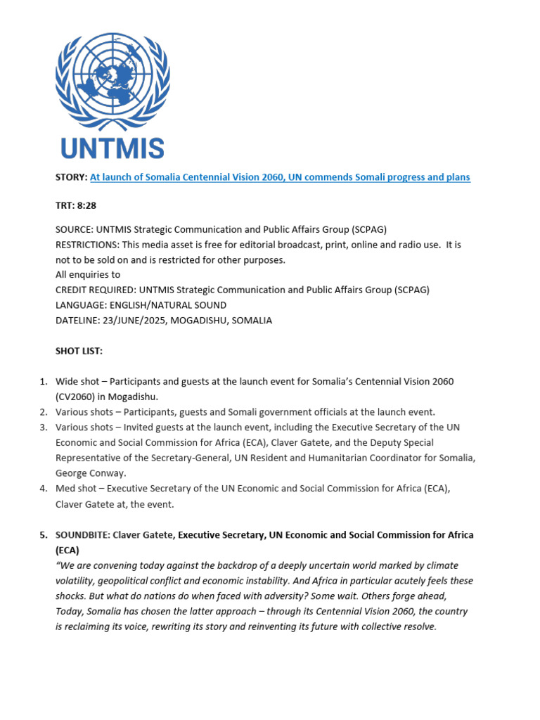 SHOTLIST and ARTICLE - at Launch of Somalia Centennial Vision 2060, UN ...