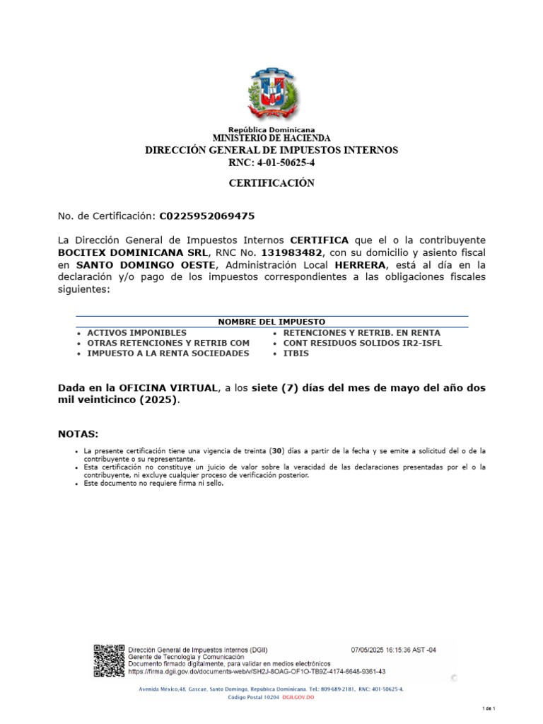 Certificación de Cumplimiento Fiscal BOCITEX | PDF