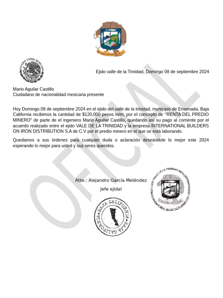 Carta Recibo de Pago Ejido Ensenada | PDF