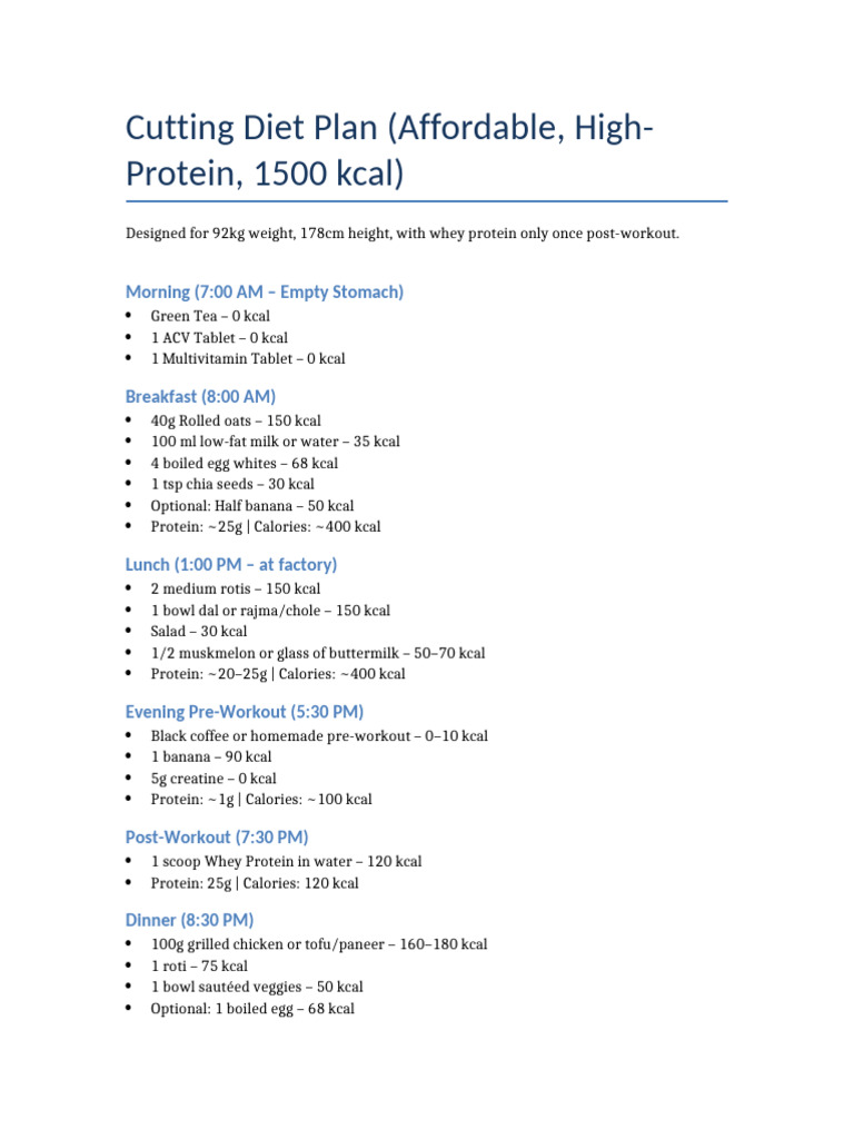 Cutting Diet 1500kcal Affordable High Protein | PDF
