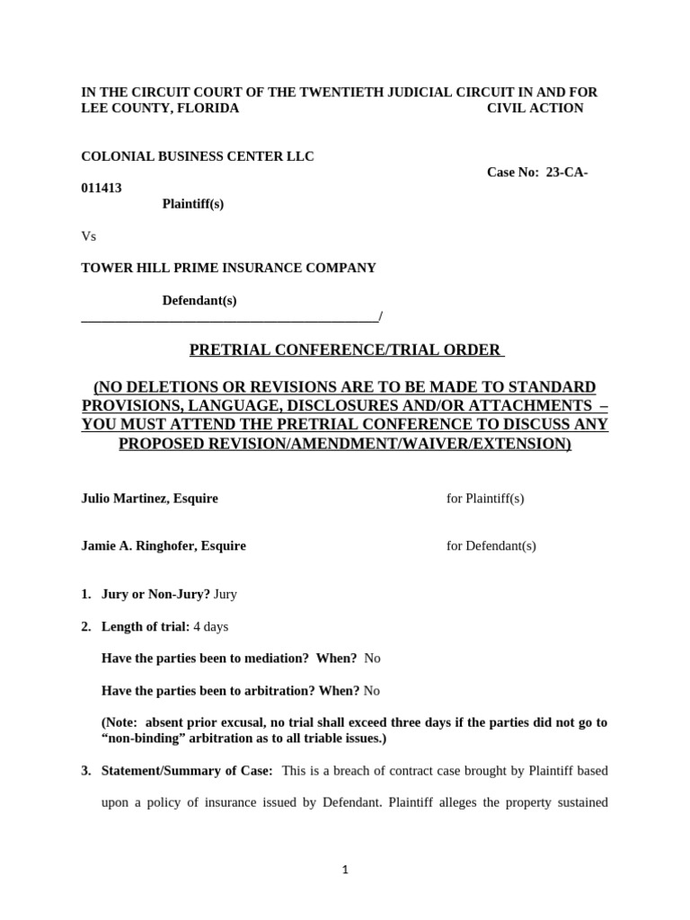Pretrial Conference Order: Colonial vs. Tower Hill | PDF | Deposition ...