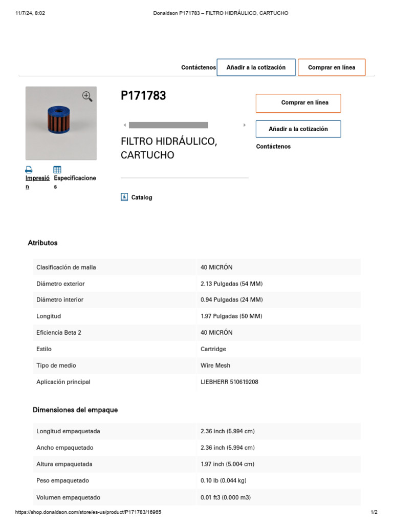 Filtro Hidráulico Cartridge P171783 | PDF