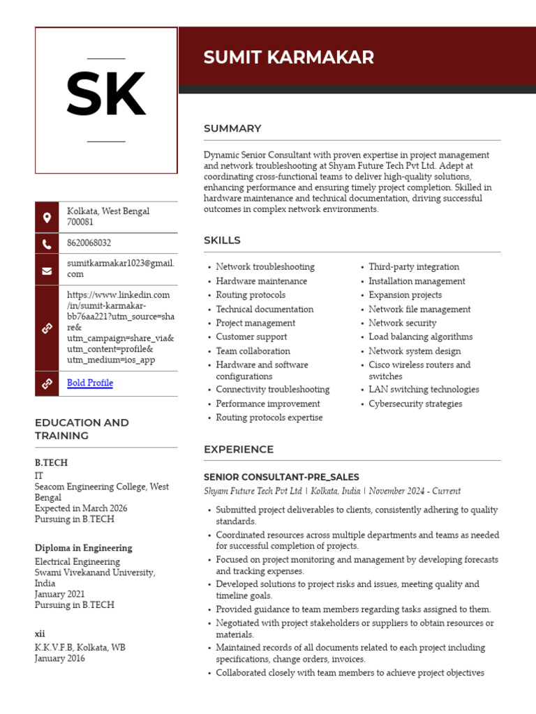 Sumit Karmakar: IT Consultant Profile | PDF | Computer Network | Cisco ...