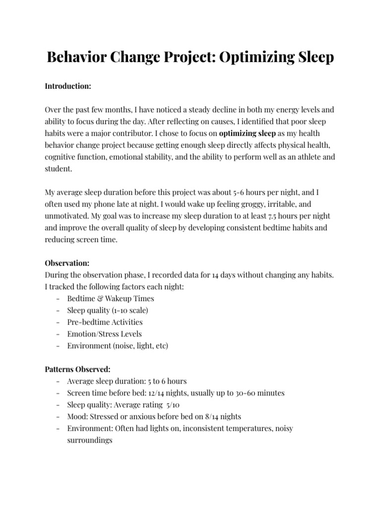 Behavior Change Project - Optimizing Sleep | PDF | Sleep | Determinants Of Health