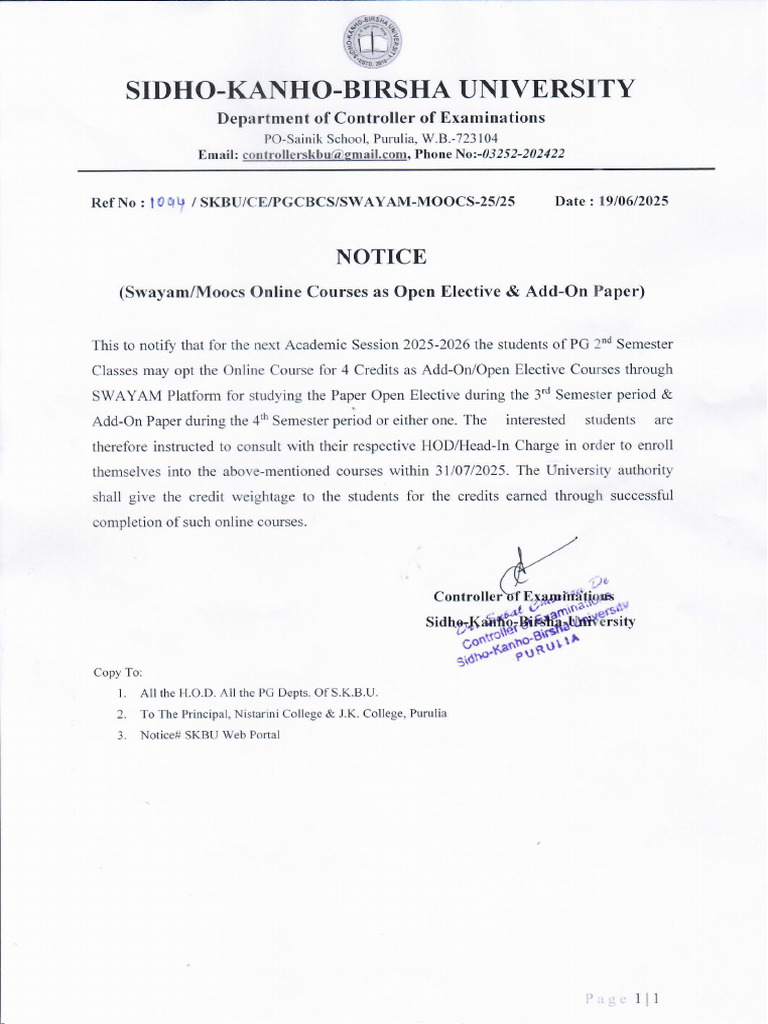 Notice-Swayam-Moocs Online Courses As Open Elective & Add-On Courses | PDF