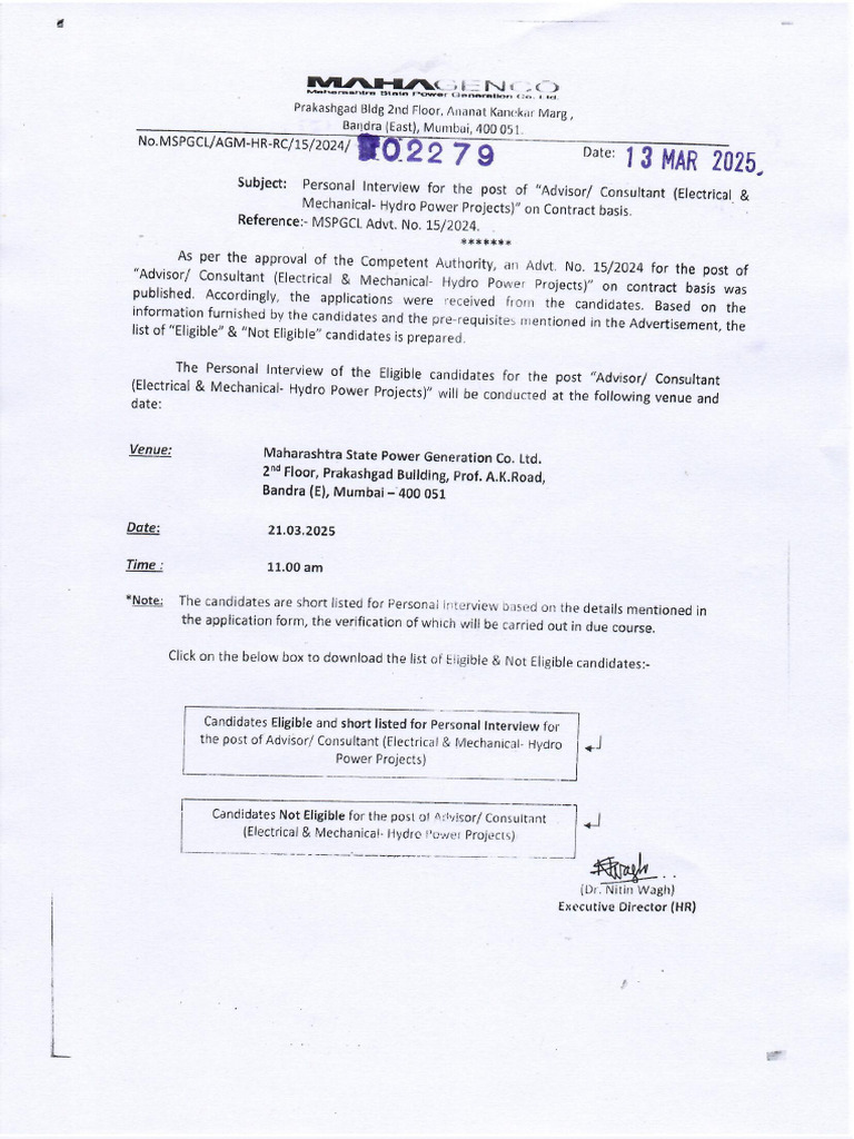 Notification No.2279 Dtd.13.03.2025 PI For Advisor Consultant E&M HPP ...