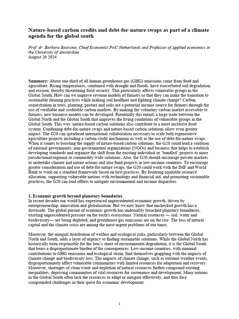 Baarsma Nature Based Carbon Credits and Debt For Nature Swaps As Part ...
