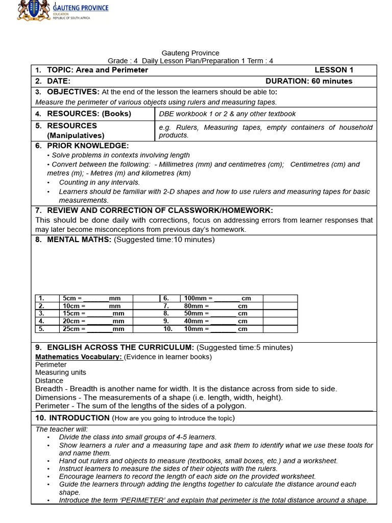 Grade 4 Term 4 AREA and PERIMETER LESSON Plans Combined | PDF | Length ...