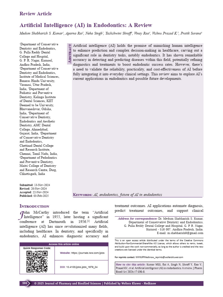 Artificial Intelligence (AI) in Endodontics A Review | PDF | Artificial ...