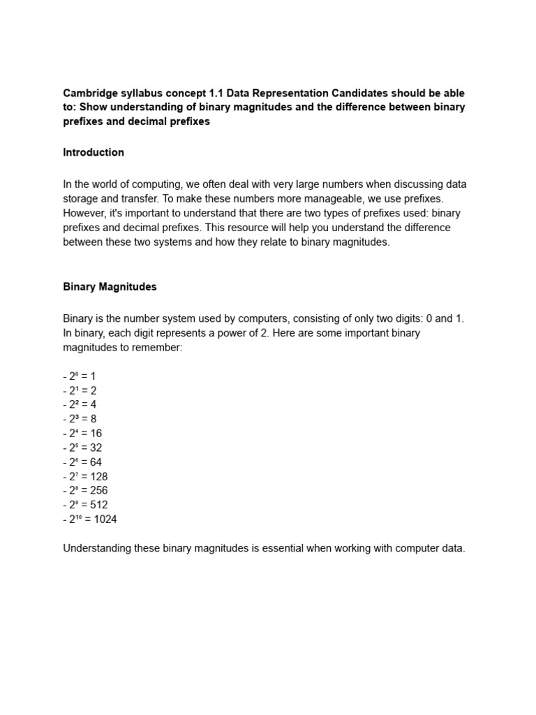 Binary Magnitudes Decimal Prefixes vs. Binary Prefixes Notes | PDF ...