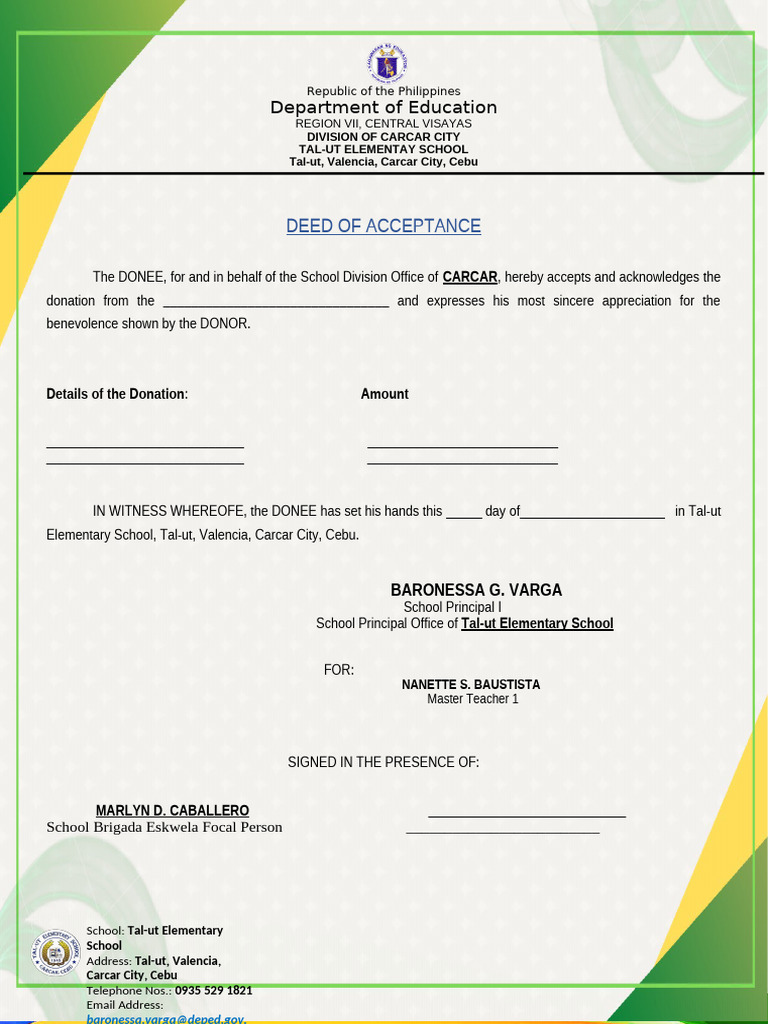 Deed of Acceptance for Donation at Tal-ut Elementary | PDF | Common Law ...