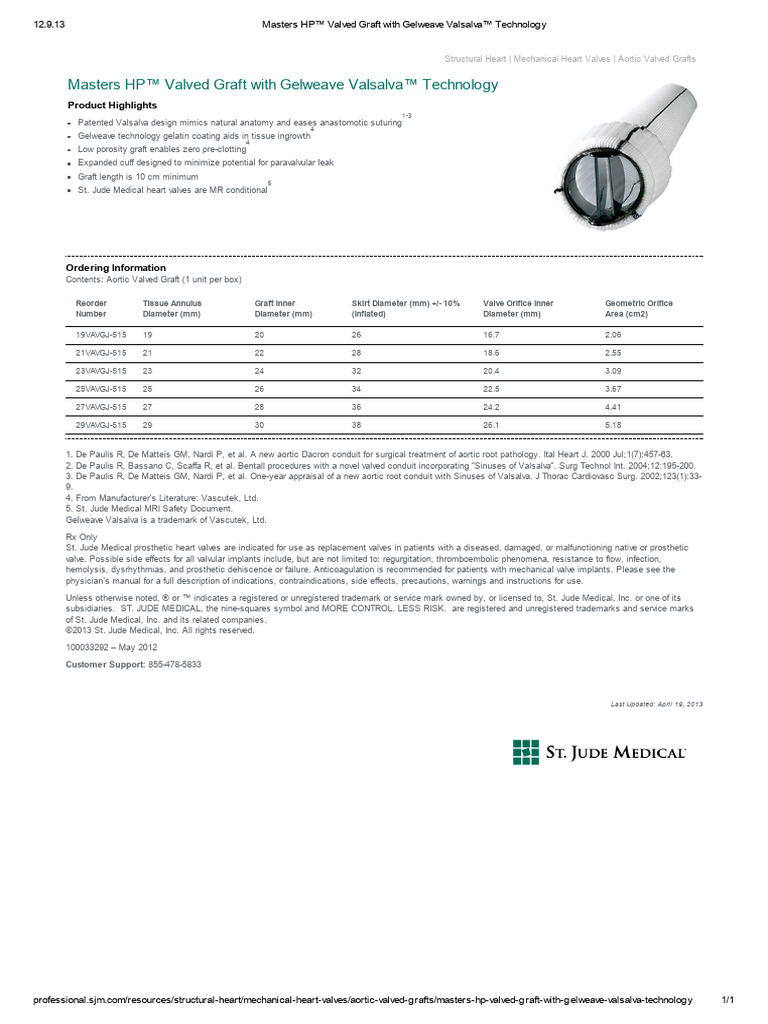 Masters HP Valved Graft With Gelweave Valsalva Technology | PDF ...