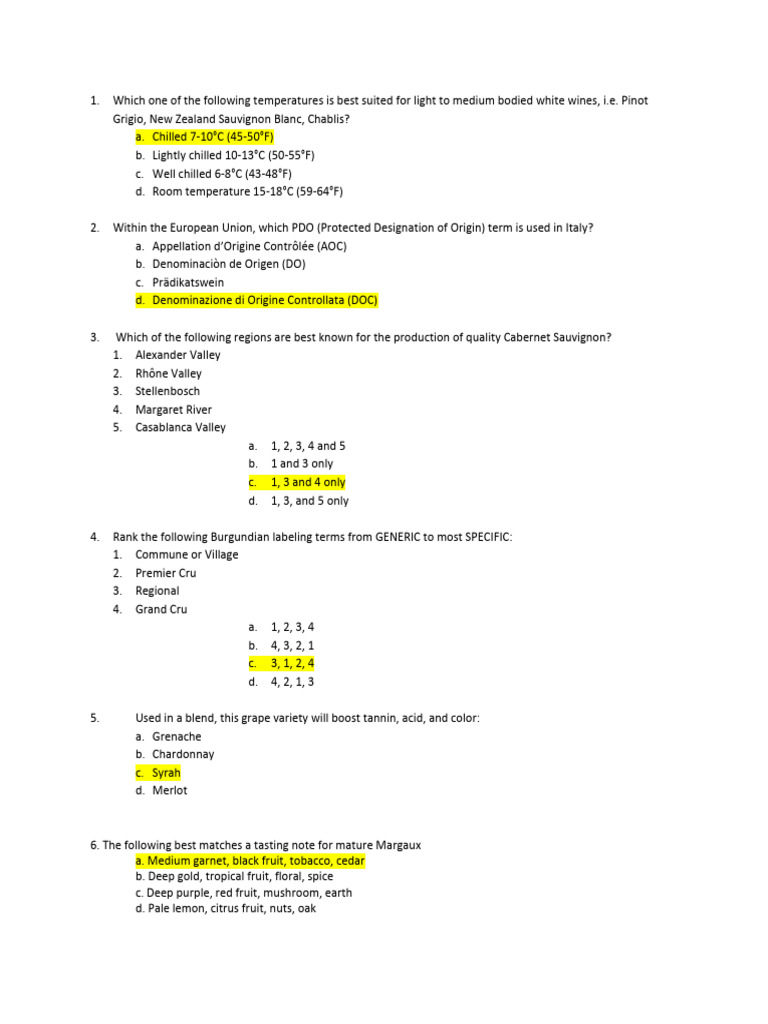 WSET Level 3 Practice Questions | PDF | Winemaking | Wine
