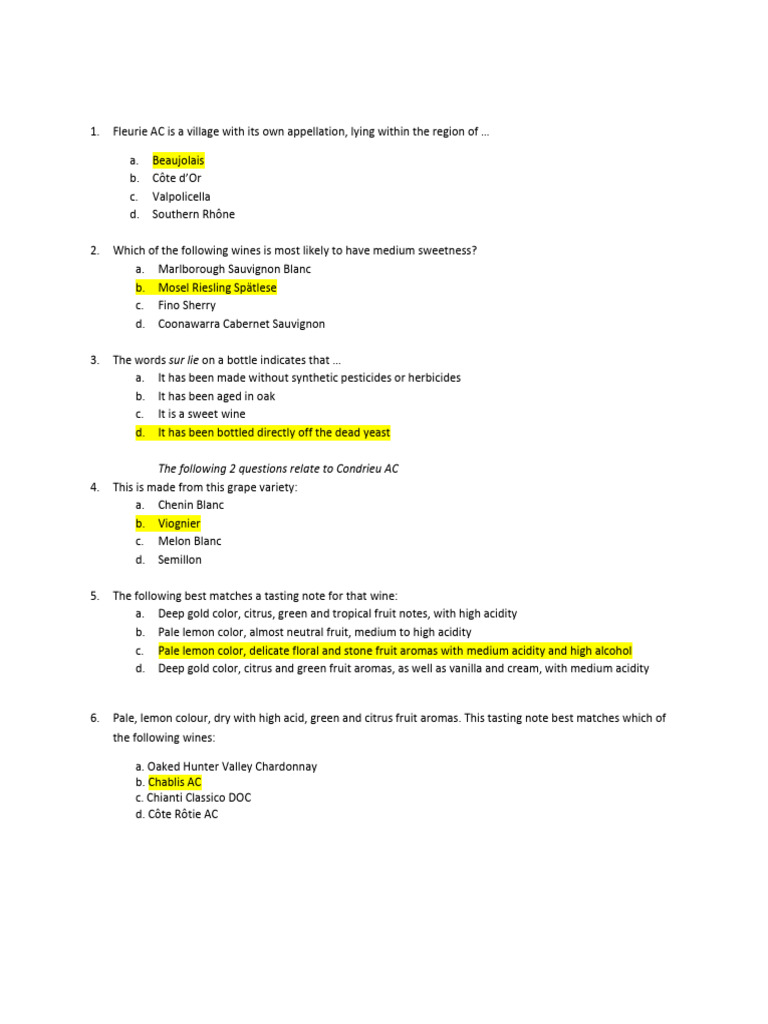 WSET Level 3 Practice Questions | PDF | Grape | Alcoholic Drinks