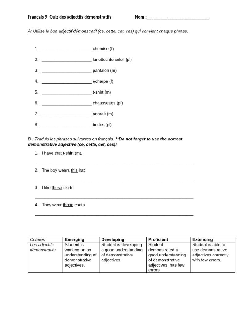 Quiz sur les adjectifs démonstratifs | PDF