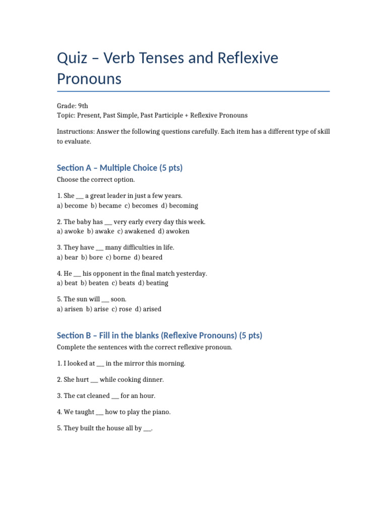 Quiz Grade9 Verbs Reflexives | PDF