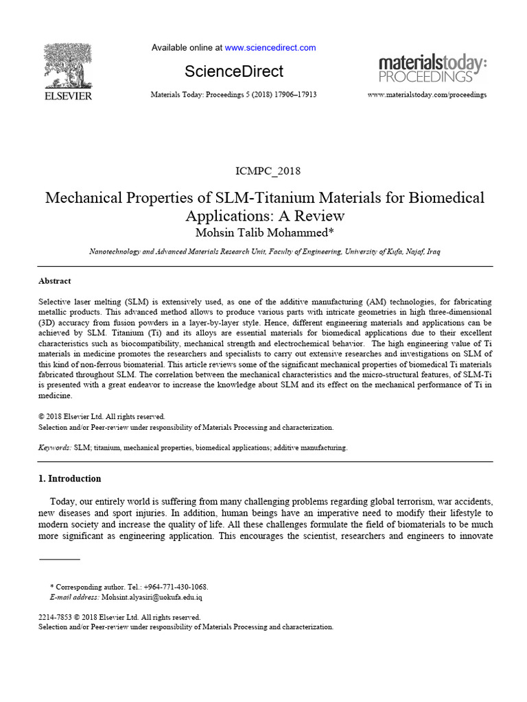 Mechanical Properties of SLM-Titanium Materials For Biomedical | PDF | Heat Treating ...