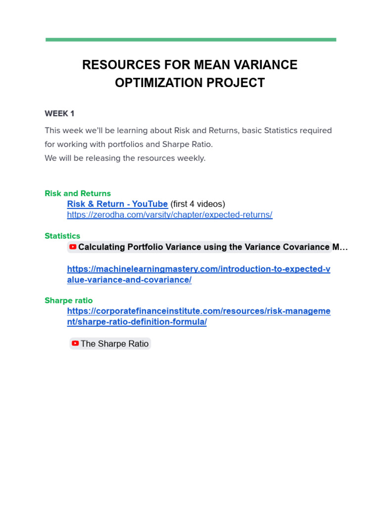 Mean Variance Optimization Week 1 | PDF