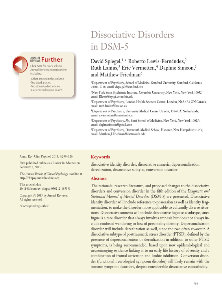 Dissociative Disorders in Dsm5 | PDF | Dissociation (Psychology) | Mental Disorder