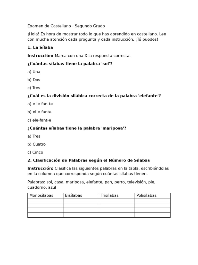 Examen de Castellano Segundo Grado | PDF | Comunicación | Sílaba