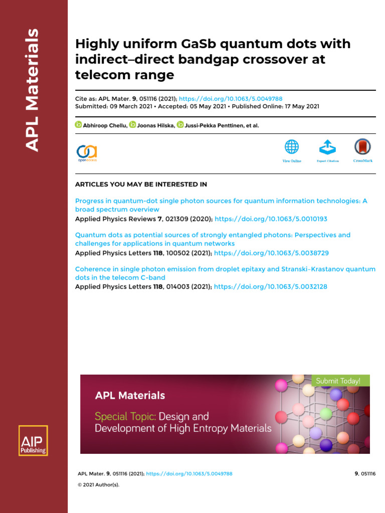 GaSb - 2021 - APL Mats - Highly Uniform GaSb QDs With Indirect Direct ...