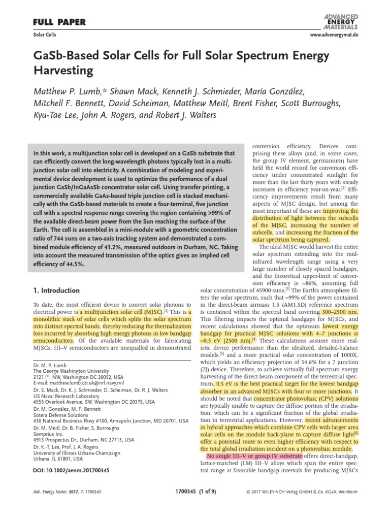 GaSb - 2017 - AEM - GaSb (Epitaxy) Wafer As A Tandem For 99% Solar ...