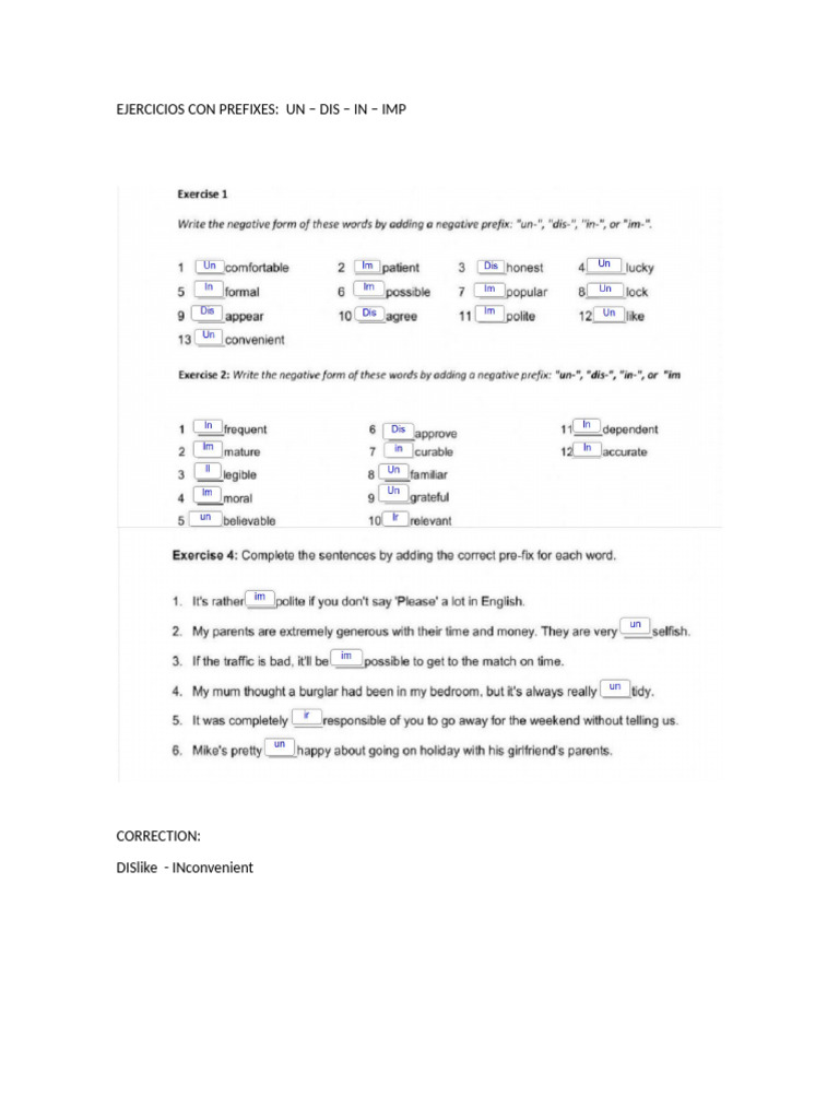 Ejercicios Con Prefixes Un - Dis - Pre - Imp | PDF
