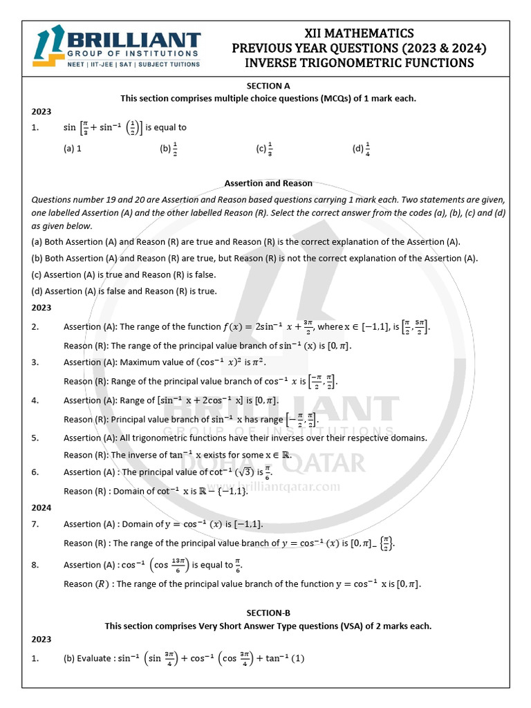 Inverse Trigonometry (PYQ-2023 & 2024) | PDF | Function (Mathematics) | Complex Analysis