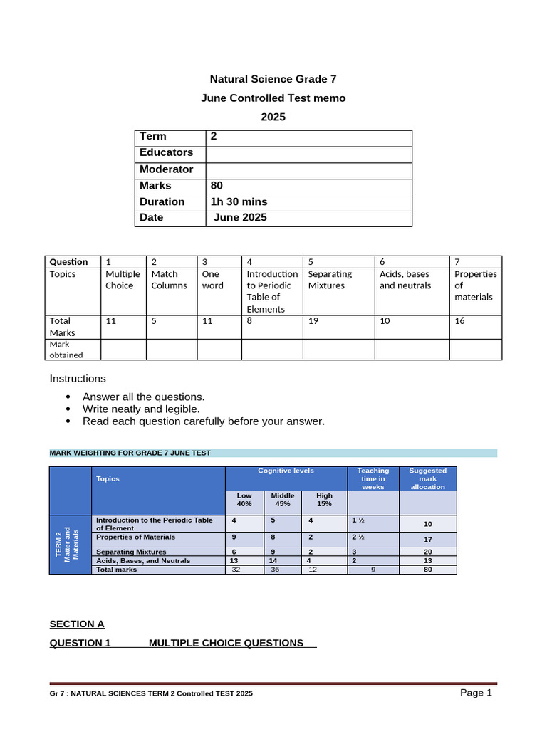 2025 Ns Grade 7 Test Term 2 Marking Guidelines | PDF | Taste | Water