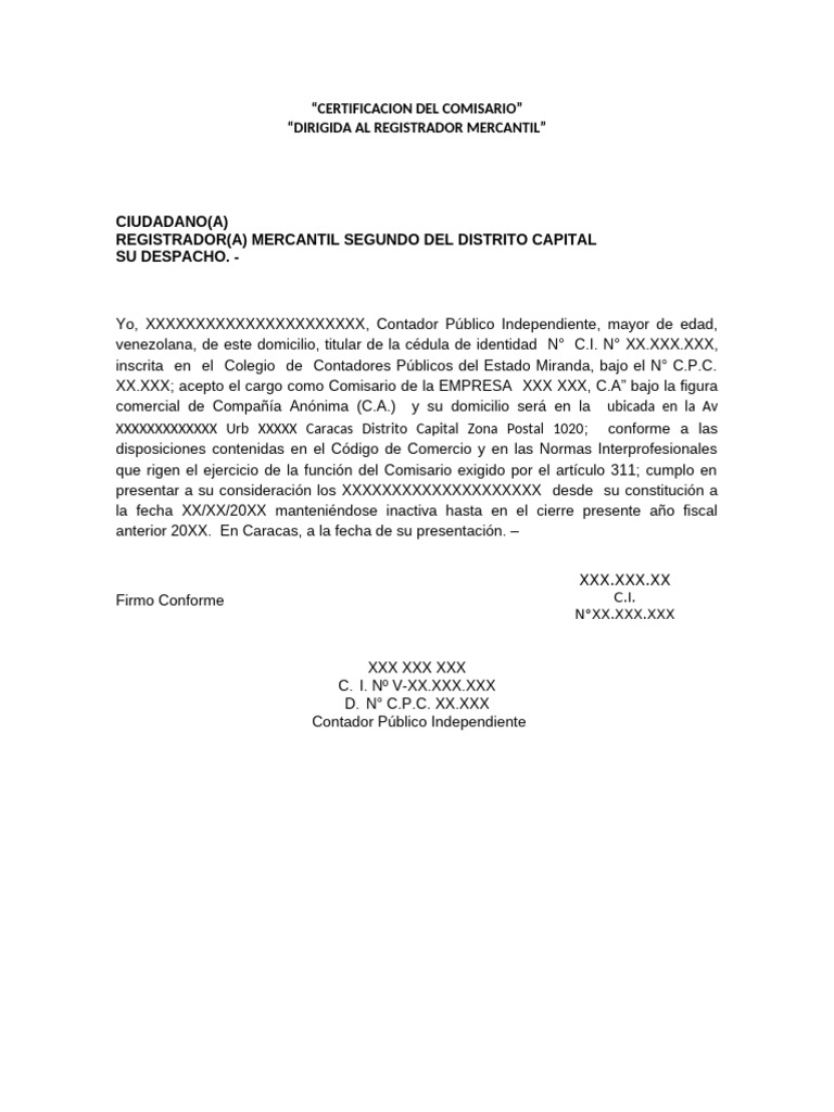 Plantilla Comisario Aceptacion | PDF