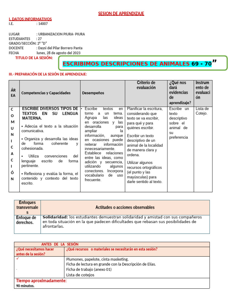Escribiendo Descripciones de Animales | PDF | Vacas | Aprendizaje