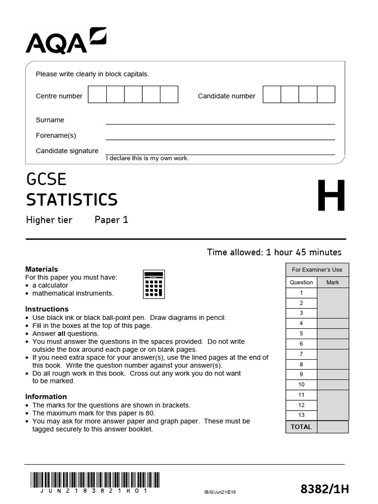 2021 8382 1h Higher Tier Question Paper November 2021 | PDF | Mean